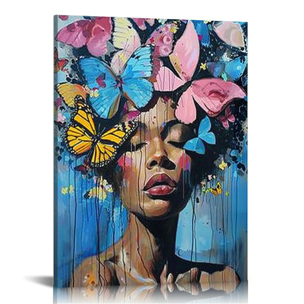 Nawypu African American Canvas Wall Art Pink Butterfly on Black Women Head Pictures Black Girl ...