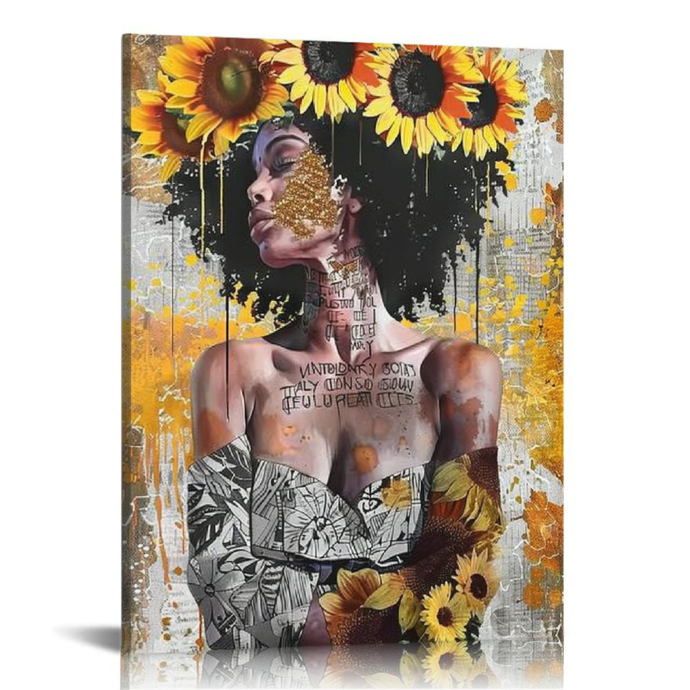 Nawypu African American Wall Art Black Girl Sunflower Women Canvas Wall Art Pictures Modern ...