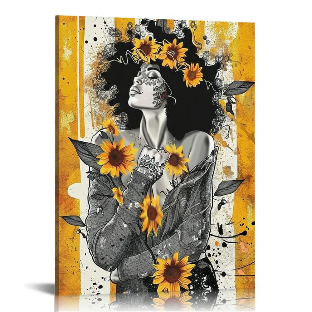 Nawypu African American Wall Art Black Girl Sunflower Women Canvas Wall Art Pictures Modern ...