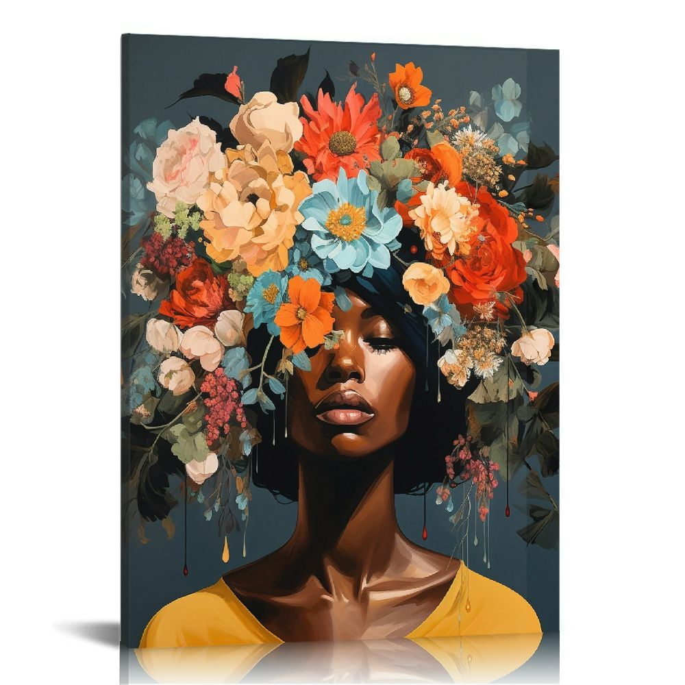 Nawypu African American Wall Art Pink Flower on Black Women Head Vintage Canvas Art Paintings ...