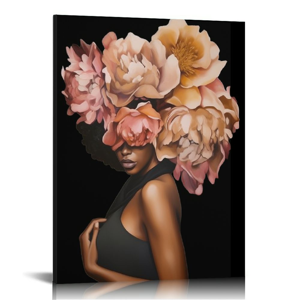 Nawypu African American Wall Art Pink Flower on Black Women Head Vintage Canvas Art Paintings ...