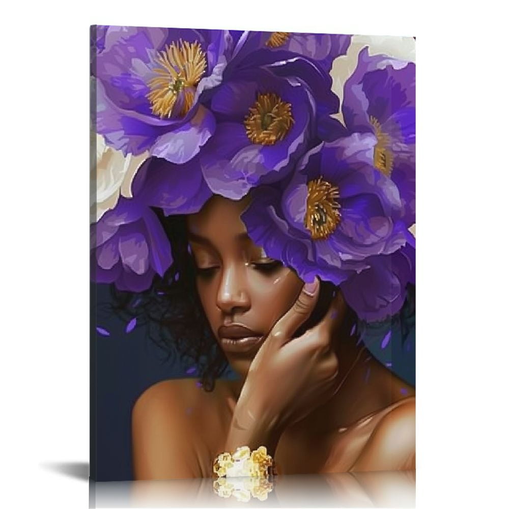 Nawypu African American Wall Art Purple Flower on Black Women Head Vintage Canvas Art Paintings ...