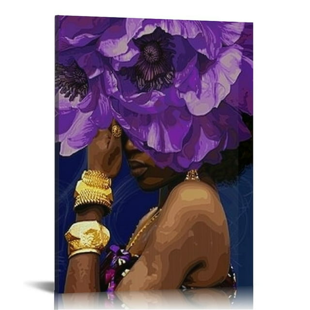 Nawypu African American Wall Art Purple Flower on Black Women Head Vintage Canvas Art Paintings ...