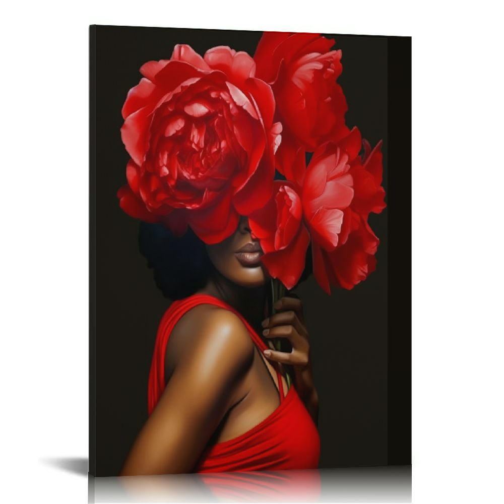Nawypu African American Wall Art Red Flower on Black Women Head Vintage Canvas Art Paintings ...