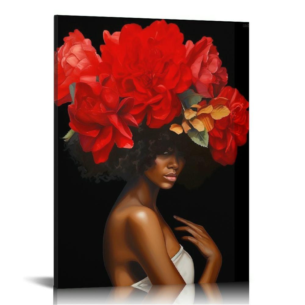 Nawypu African American Wall Art Red Flower on Black Women Head Vintage Canvas Art Paintings ...