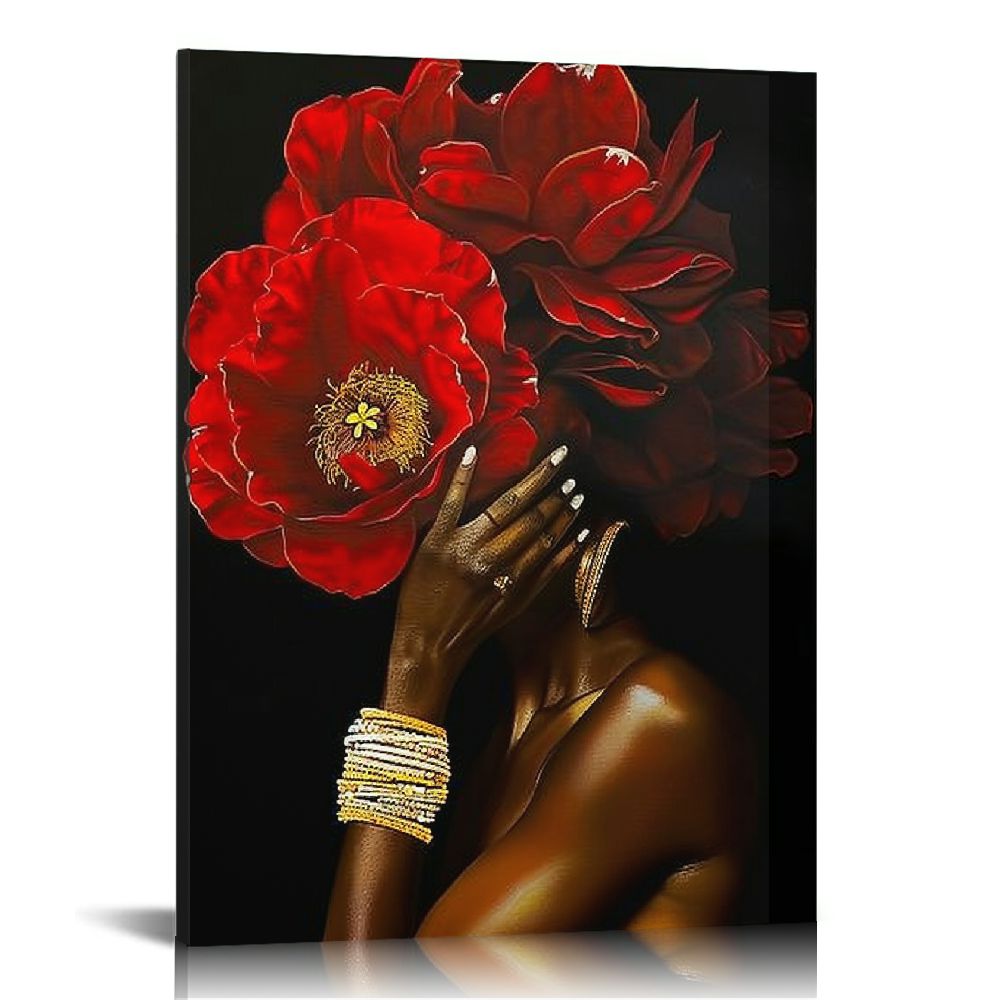 Nawypu African American Wall Art Red Flower on Black Women Head Vintage Canvas Art Paintings ...