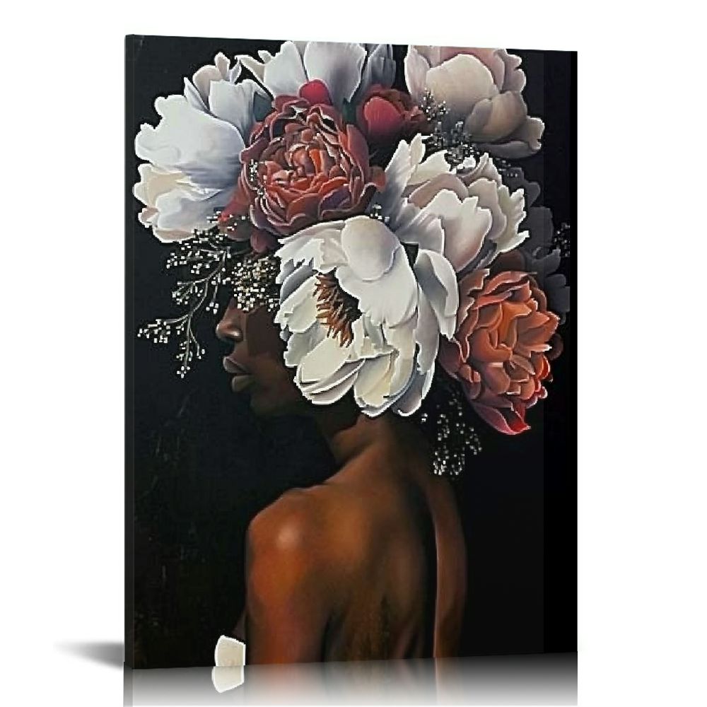 Nawypu African American Wall Art White Flower on Black Women Head Vintage Canvas Art Paintings ...