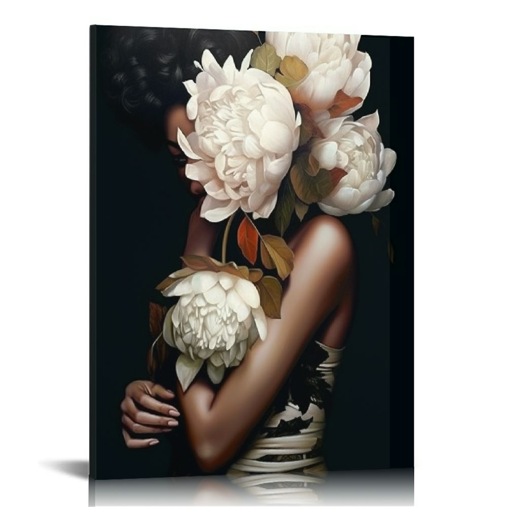 Nawypu African American Wall Art White Flower on Black Women Head Vintage Canvas Art Paintings ...
