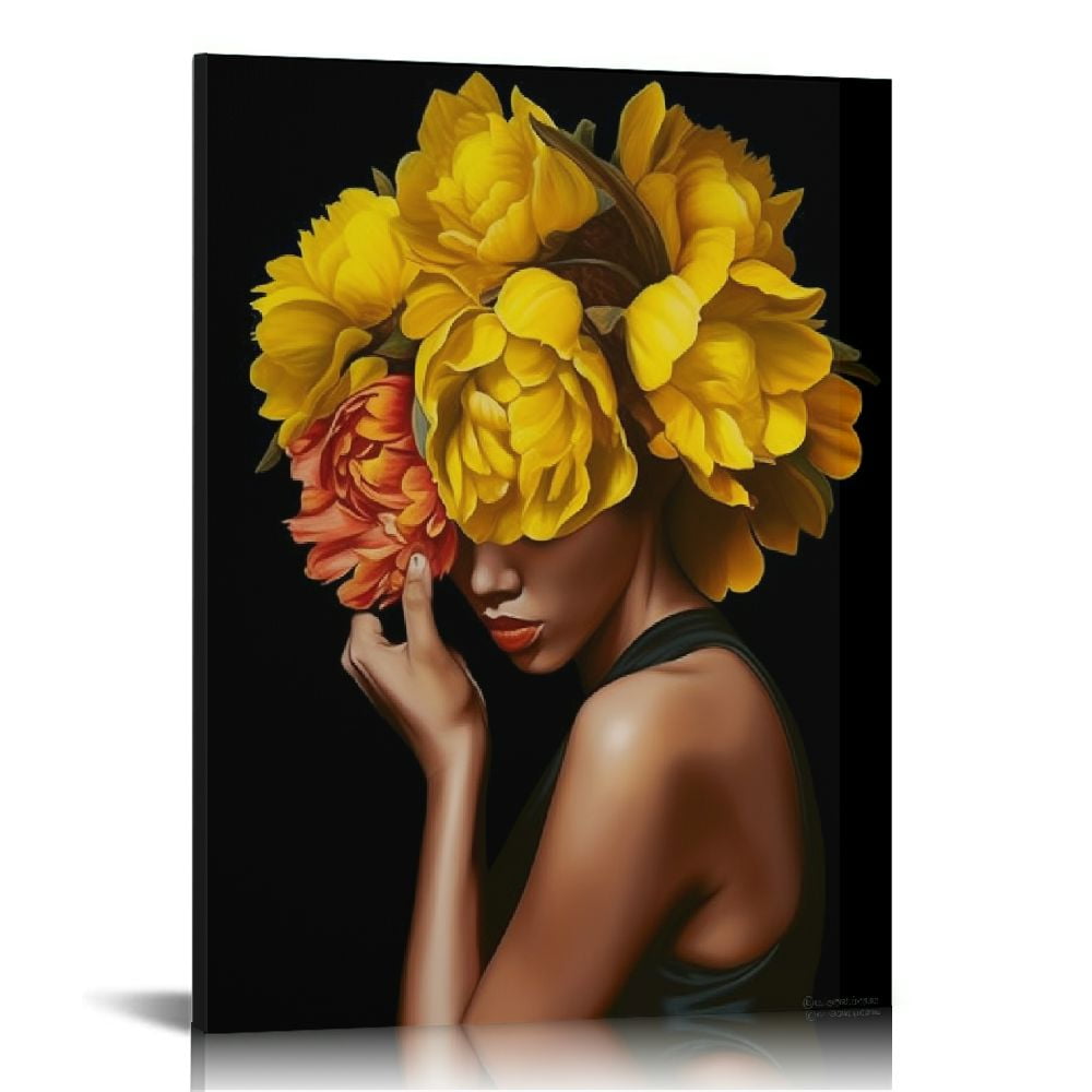 Nawypu African American Wall Art Yellow Flower on Black Women Head Vintage Canvas Art Paintings ...