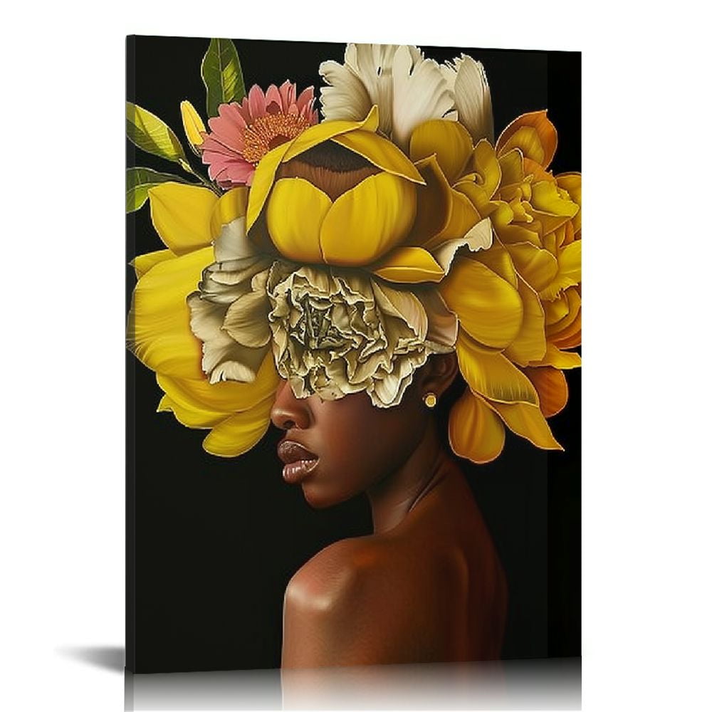 Nawypu African American Wall Art Yellow Flower on Black Women Head Vintage Canvas Art Paintings ...