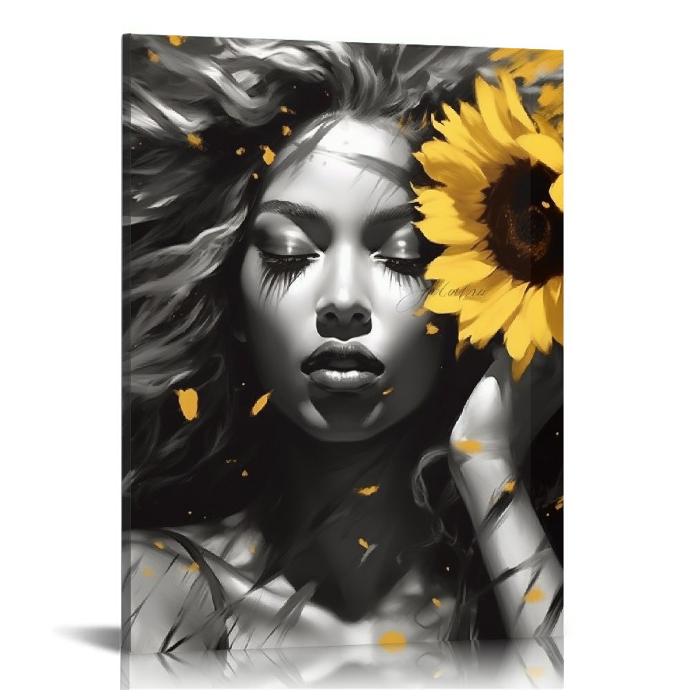 Nawypu African American Women Canvas Wall Art Abstract Black Gold Girl Creativity Painting ...