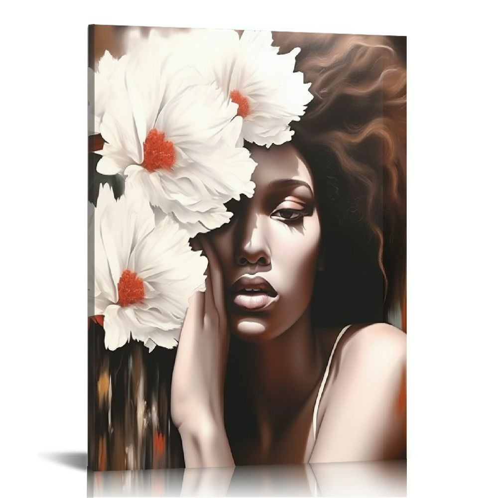 Nawypu African Woman Canvas Wall Art Abstract Black Girl Picture Woman with Flowers on Head Wall ...