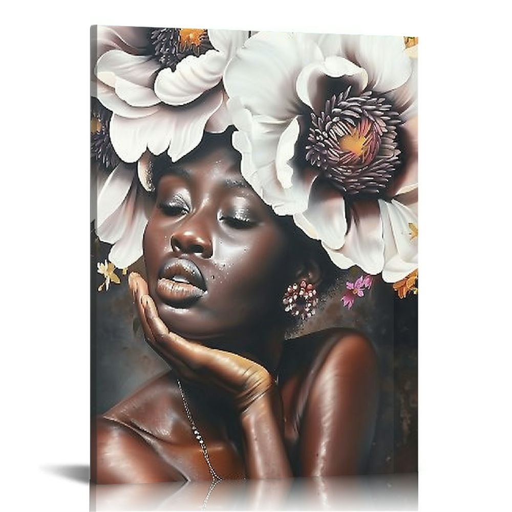 Nawypu African Woman Canvas Wall Art Abstract Black Girl Picture Woman with Flowers on Head Wall ...