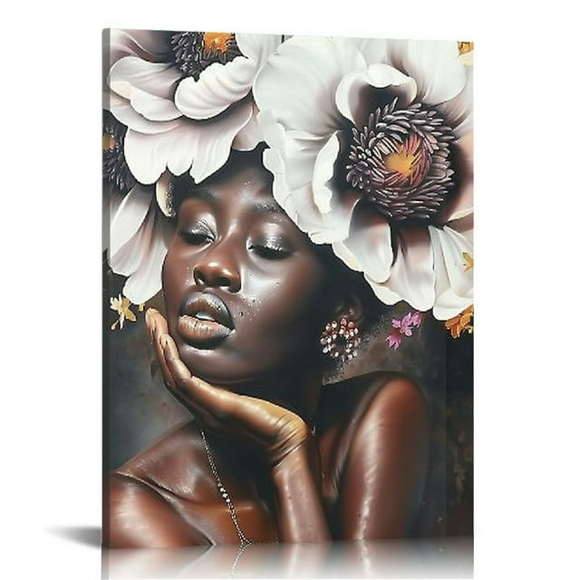 Nawypu African Woman Canvas Wall Art Abstract Black Girl Picture Woman with Flowers on Head Wall ...