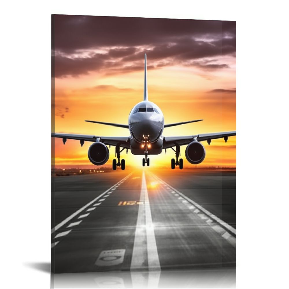 Nawypu Airplane Canvas Wall Art Decor Aircraft Flying over Runway Along ...