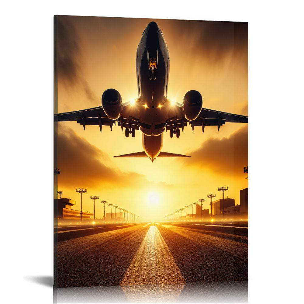 Nawypu Airplane Wall Art Canvas Painting Jet Plane Flying Over Runway ...