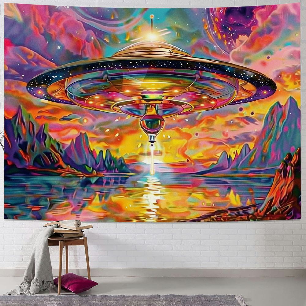 Nawypu Alien UFO Tapestry Sun Mountain Tapestry Colorful Plant Floral ...
