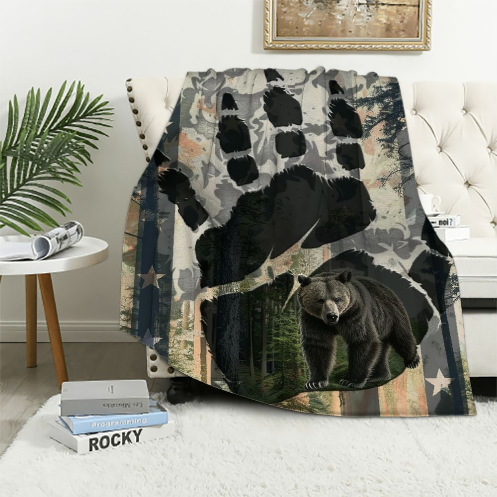 ONETECH American Flag Plush Blanket,Bear Paw Print Trees Wild Animals ...