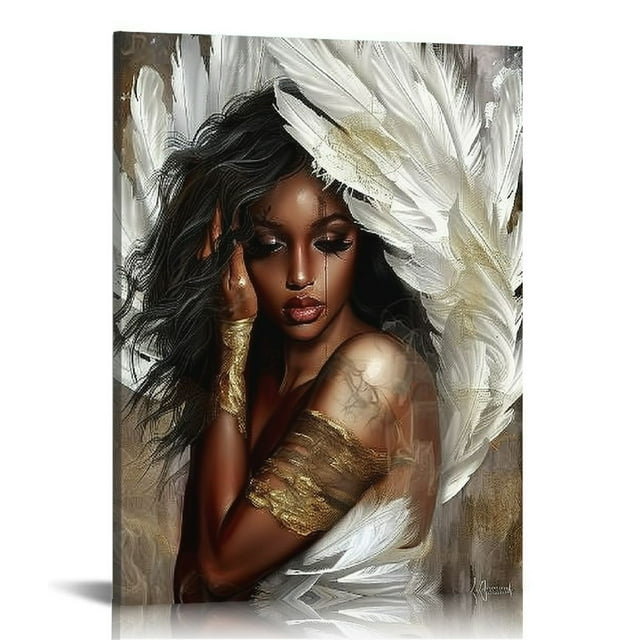 Nawypu Angel Wall Art Canvas Black Woman with Angel Wings Painting Prints Modern African ...
