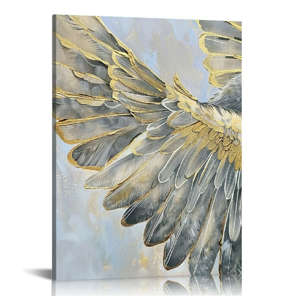 Nawypu Angel Wings Canvas Wall Art Large Grey and Gold Abstract Pictures White Feather Painting ...