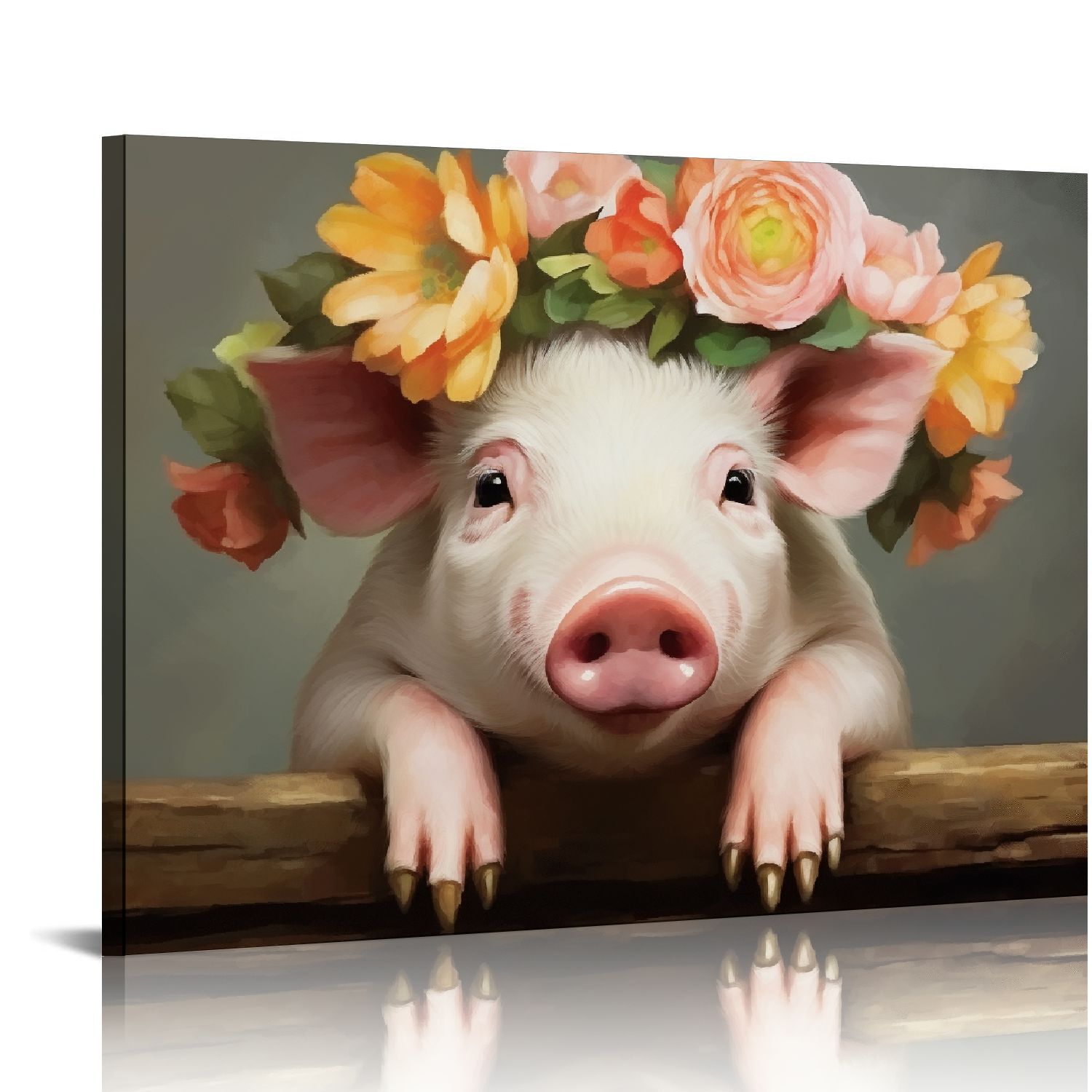 Nawypu Animal Pig Wall Art Wood Pig with Wreath Canvas Print Rustic ...