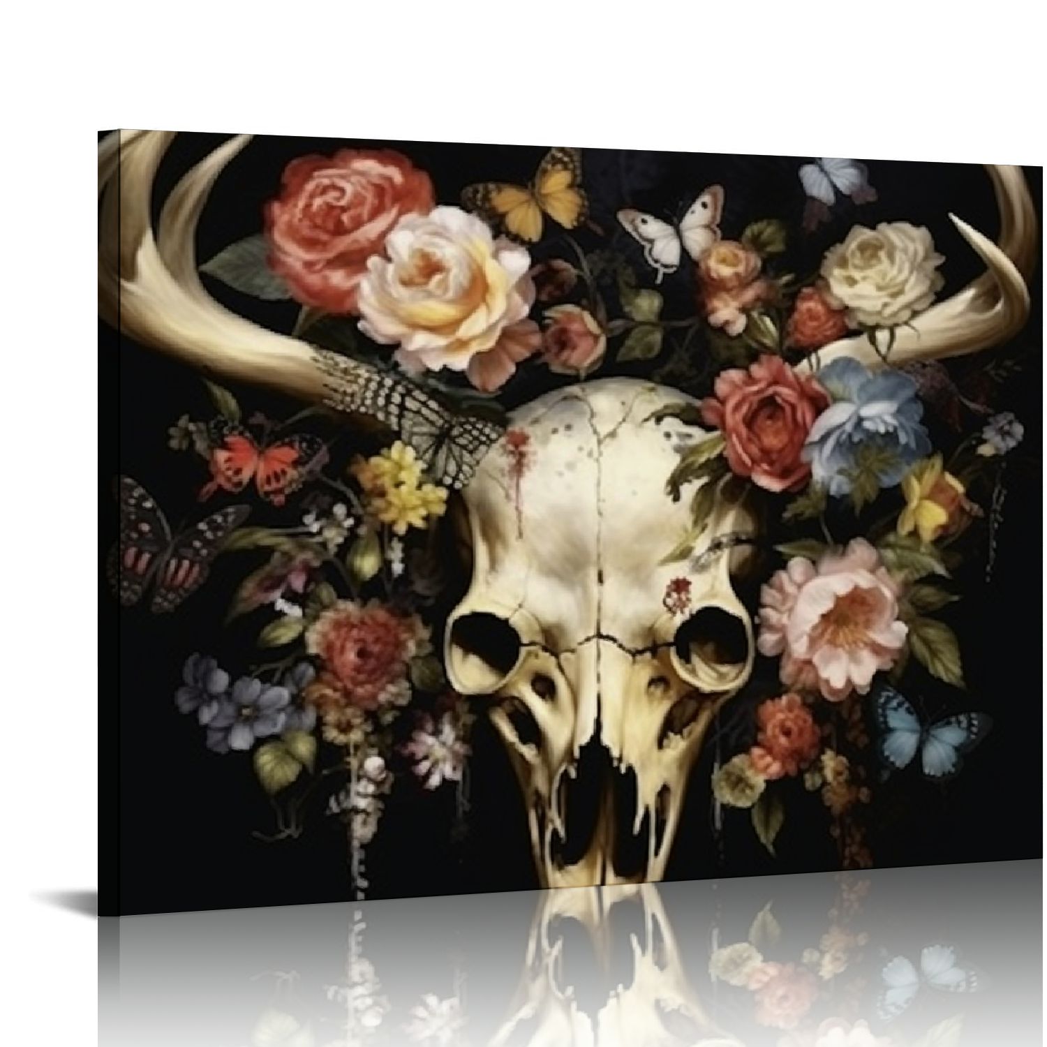 Nawypu Animal Skull Canvas Wall Art Deer Skull with Retro Flower ...