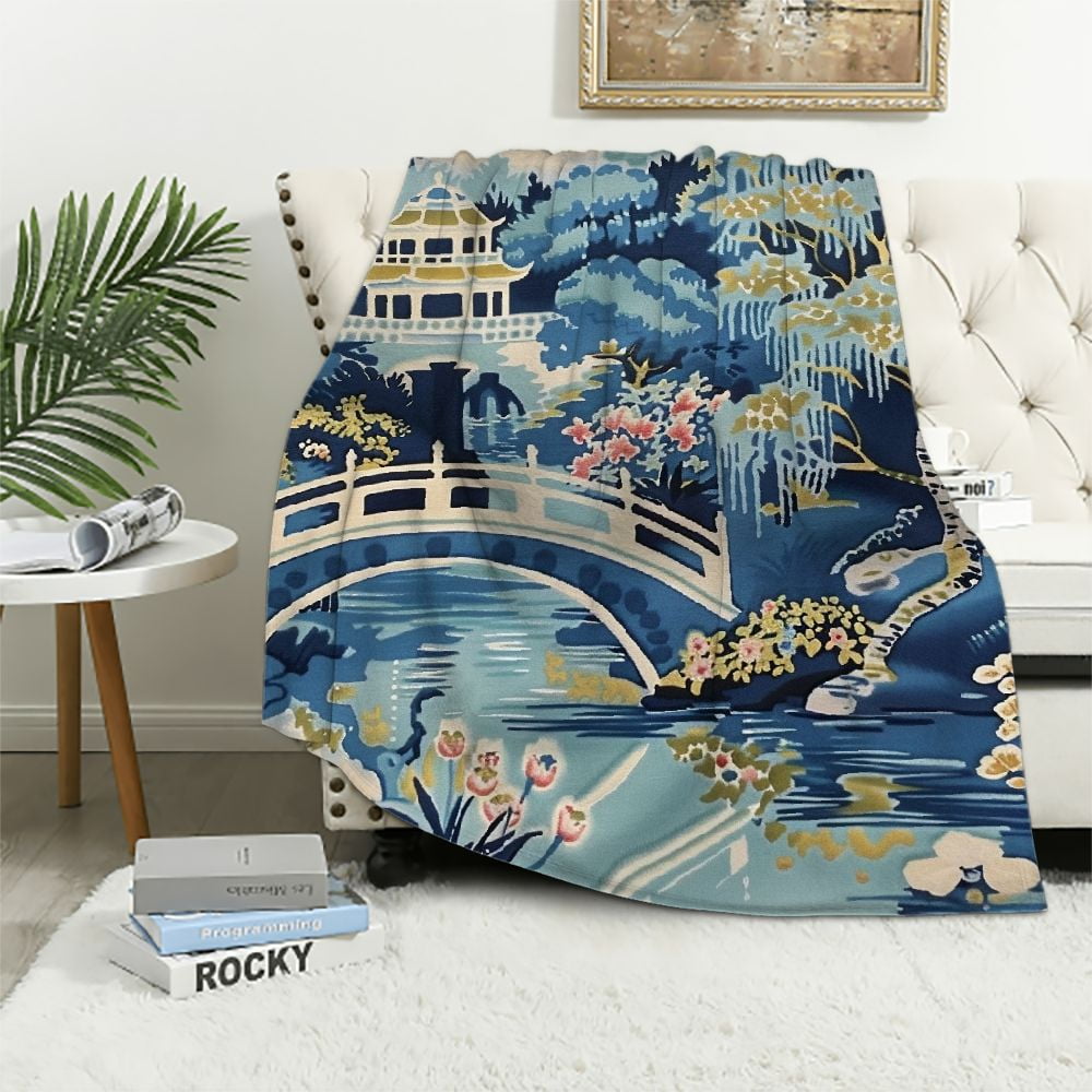 Nawypu Aqua Blue and Gold Pagoda Flannel Blanket Ming Blue Pagoda Asian ...