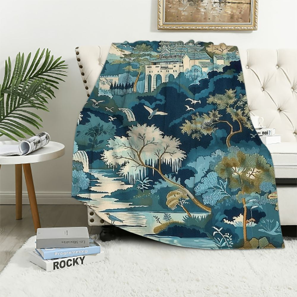 Nawypu Aqua Teal Blue Asian Scenic Pagoda Winter Flannel Blanket ...