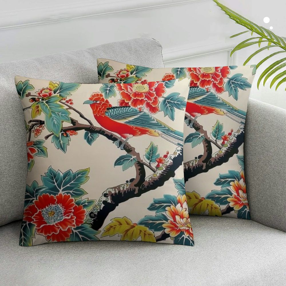 Nawypu Asian Style Throw Pillow Cover Chinoiserie Tree Peony Bird ...
