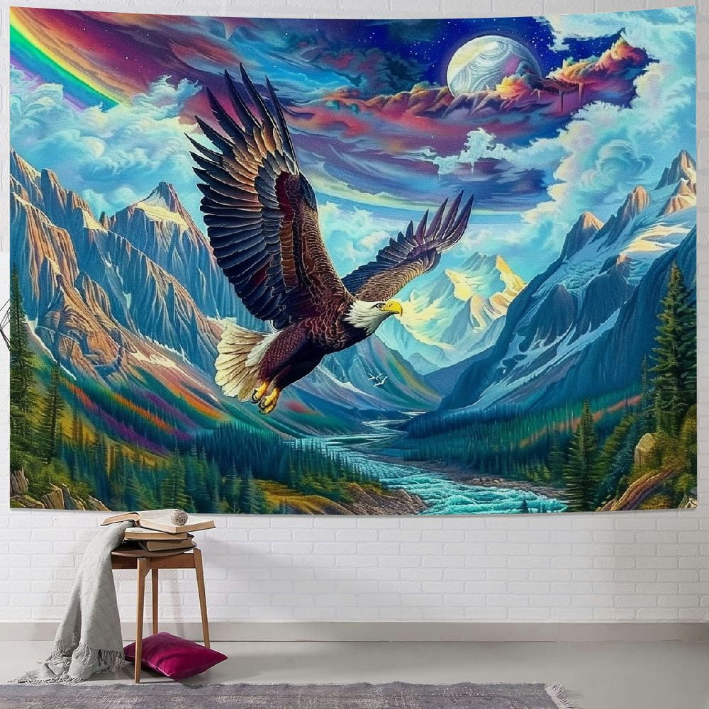 Nawypu Bald Eagle Tapestry Watercolor Mountain Forest Tapestry Fantasy ...