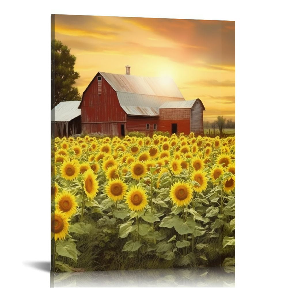 Nawypu Barn Sunflower Field Canvas Wall Art Print With Timer | Canvas ...