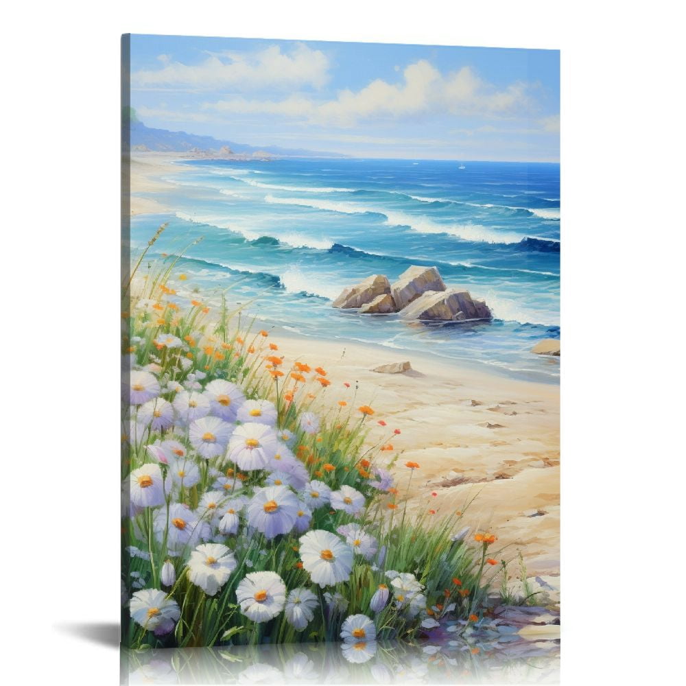 Nawypu Bathroom Decor, Wall Art Blue Beach Picture Ocean Theme Flower ...