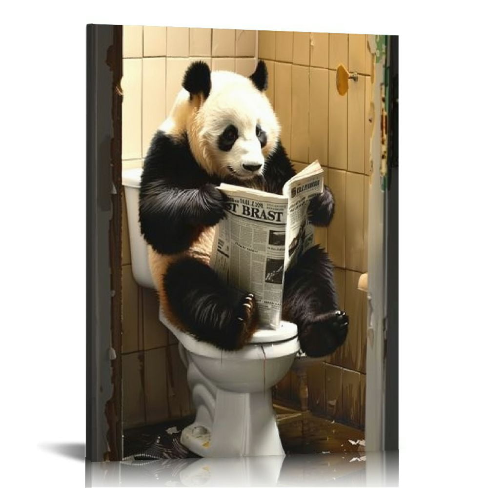 Nawypu Bathroom Wall Art Cute Panda Sitting on Toilet Reading Newspaper ...