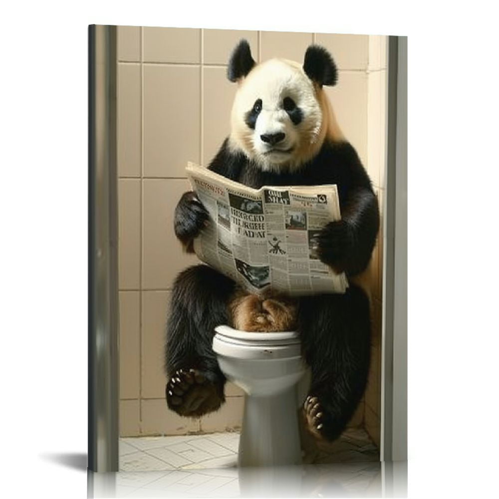 Nawypu Bathroom Wall Art Cute Panda Sitting on Toilet Reading Newspaper ...
