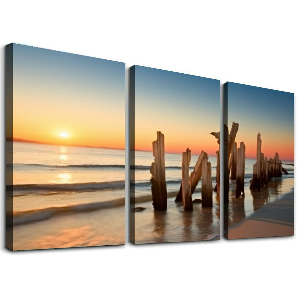 Nawypu Beach Wall Art Canvas Decor: Bathroom Coastal Sunset Ocean Scene ...
