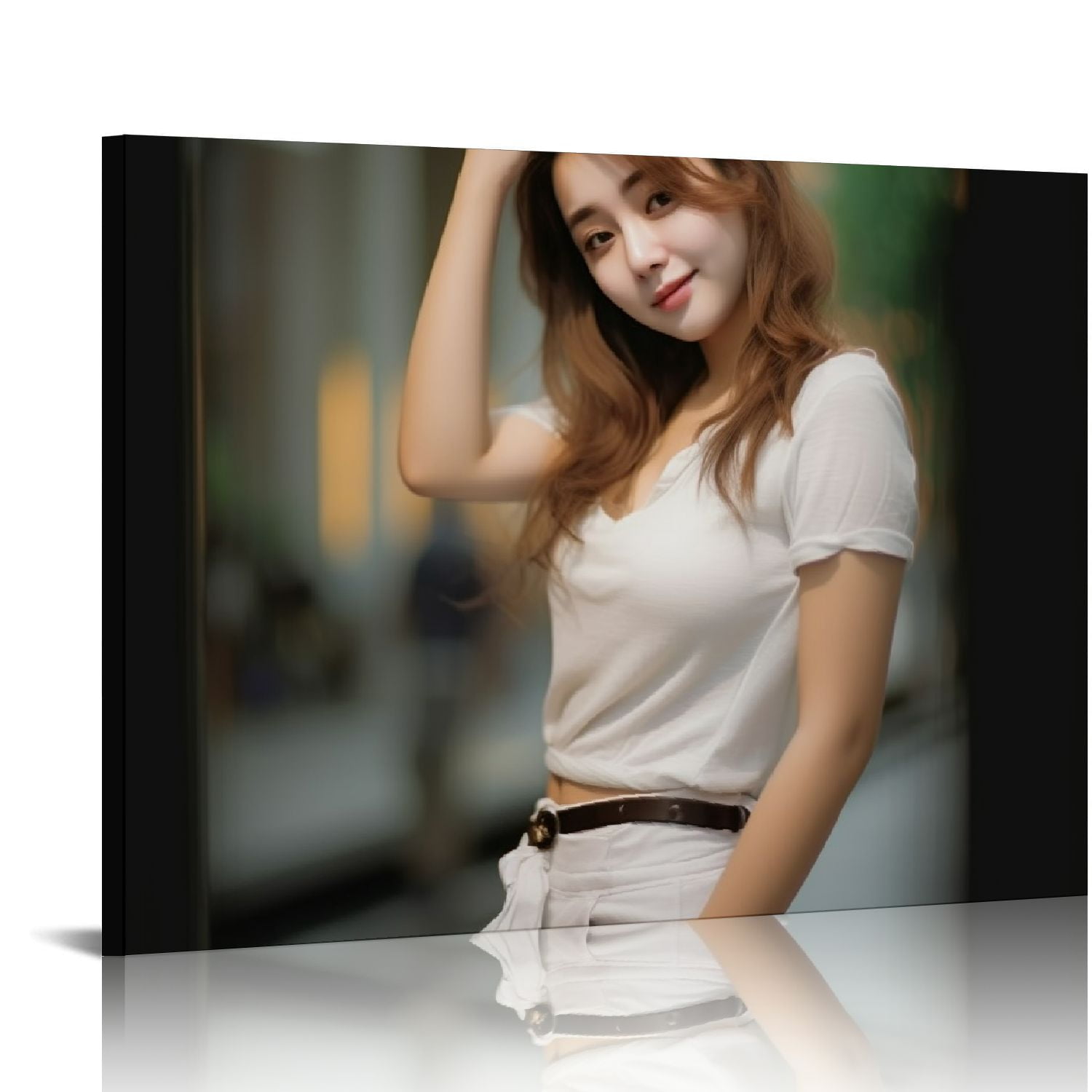 Nawypu Poster Canvas Wall Art Beautiful Asian Sexy Girl Simle Pose Shorts Bokeh Brown Haired ...
