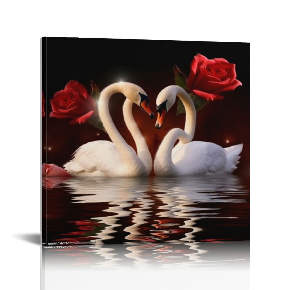 Nawypu Beautiful Romantic Swans Art Print on Canvas Red Rose Flowers ...