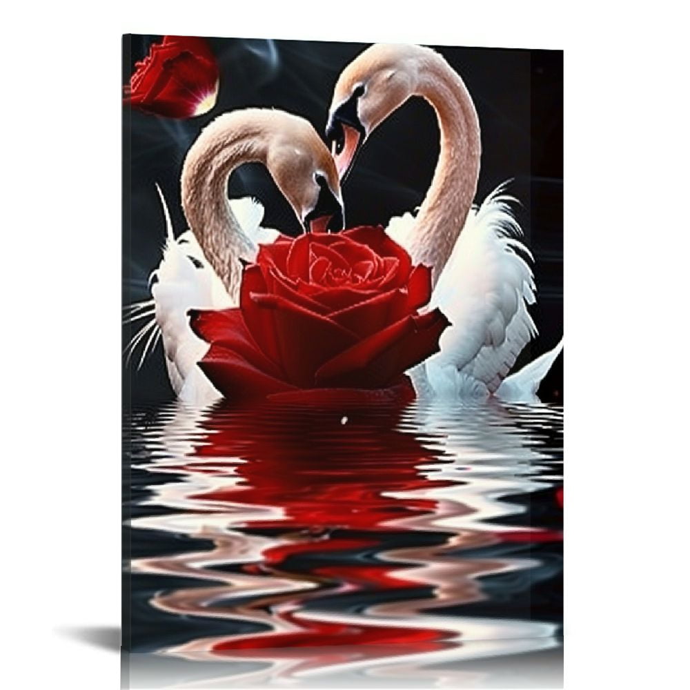 Nawypu Beautiful Romantic Swans Art Print on Canvas Red Rose Flowers ...