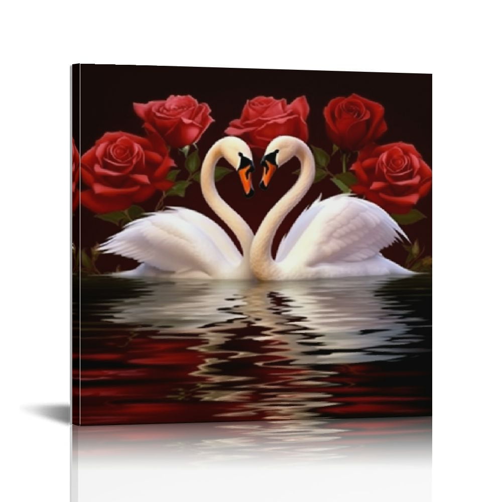Nawypu Beautiful Romantic Swans Art Print on Canvas Red Rose Flowers ...