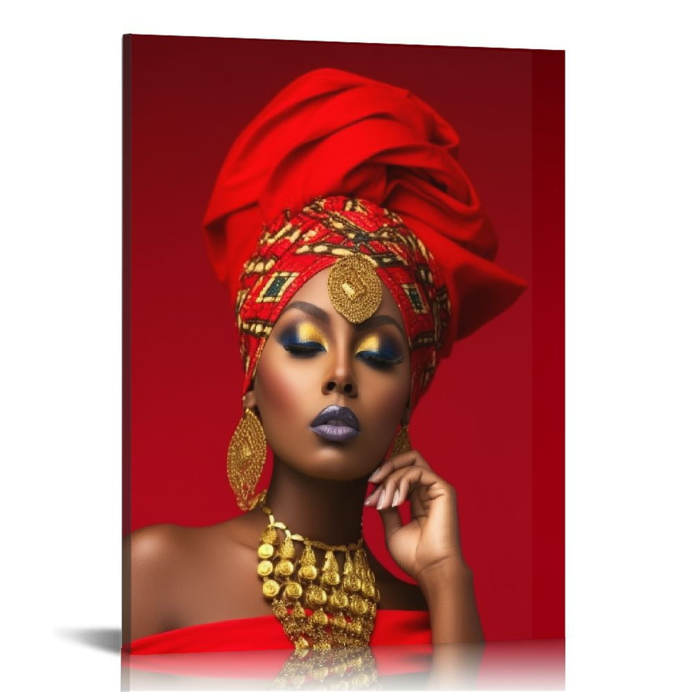 Nawypu Black And Gold Lips Red Scarf African Woman Canvas Art Poster ...