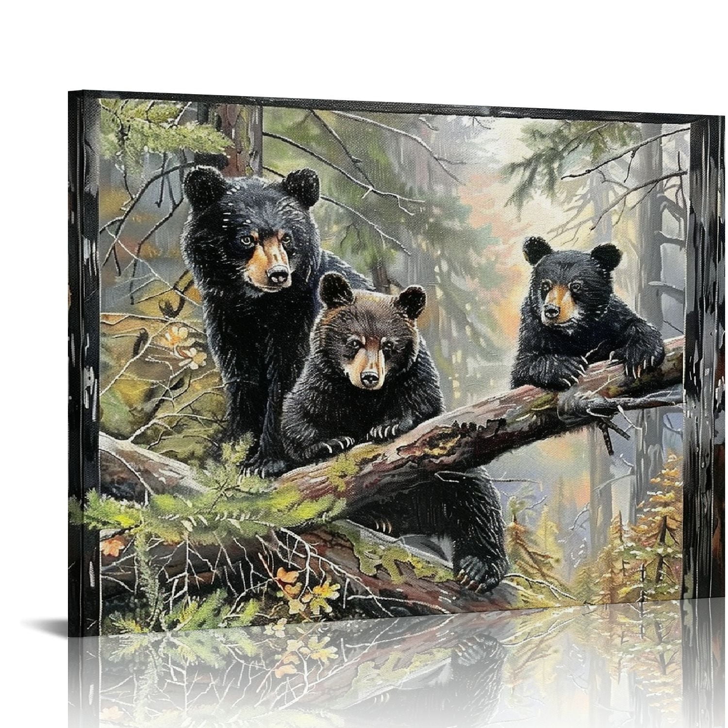 Nawypu Black Bear Wall Art Window Animal Canvas Prints Forest Bears Pictures Painting Framed ...