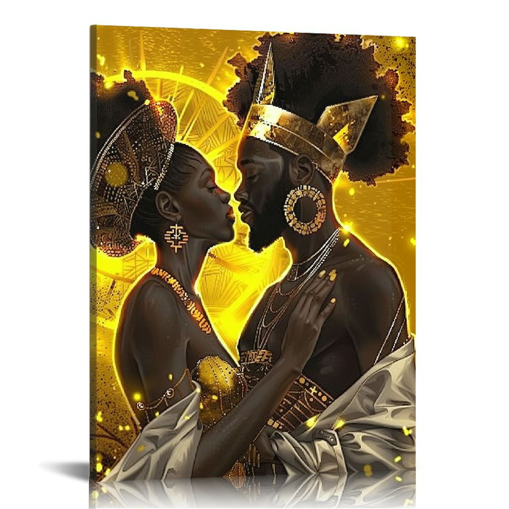 Nawypu Black King and Queen Wall Art, African American Canvas Print Painting Afro Couple Gold ...