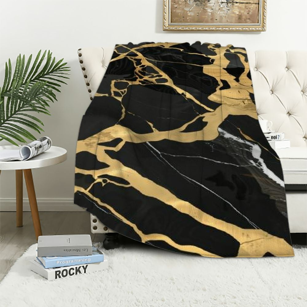 Nawypu Black Marble Texture Gold Print Throw Blanket Plush Flannel ...