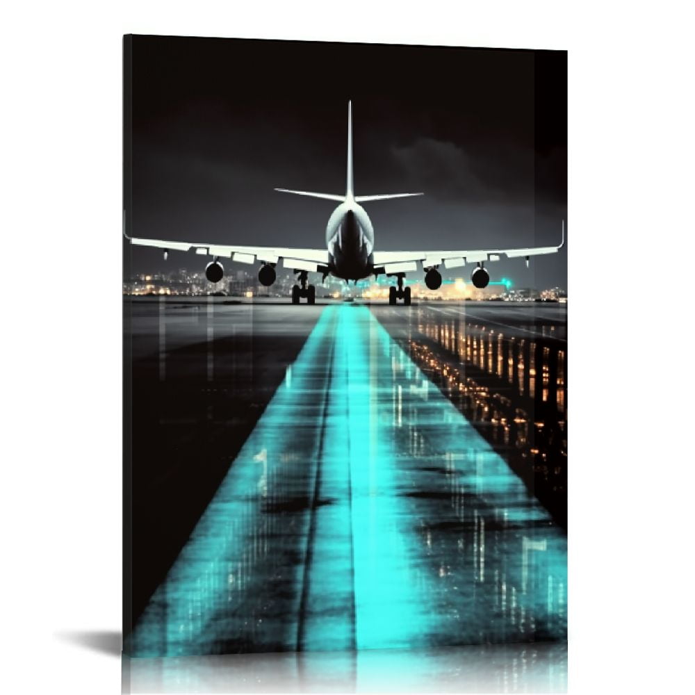 Nawypu Black Teal Airplane Wall Art Vintage Airplane Wall Decor Canvas ...