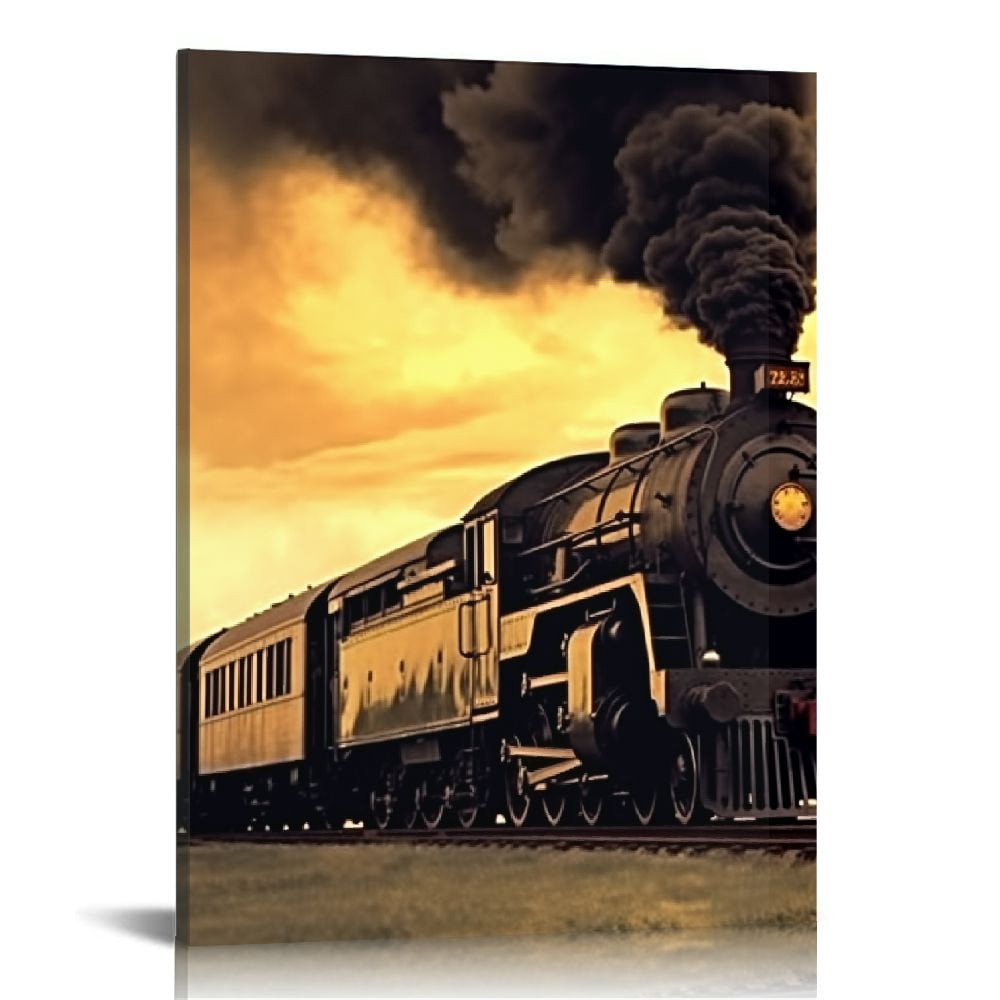 RUIYC Black Train Pictures Stopped at The Small Station Paintings Multi Panel Wall Art Print on ...