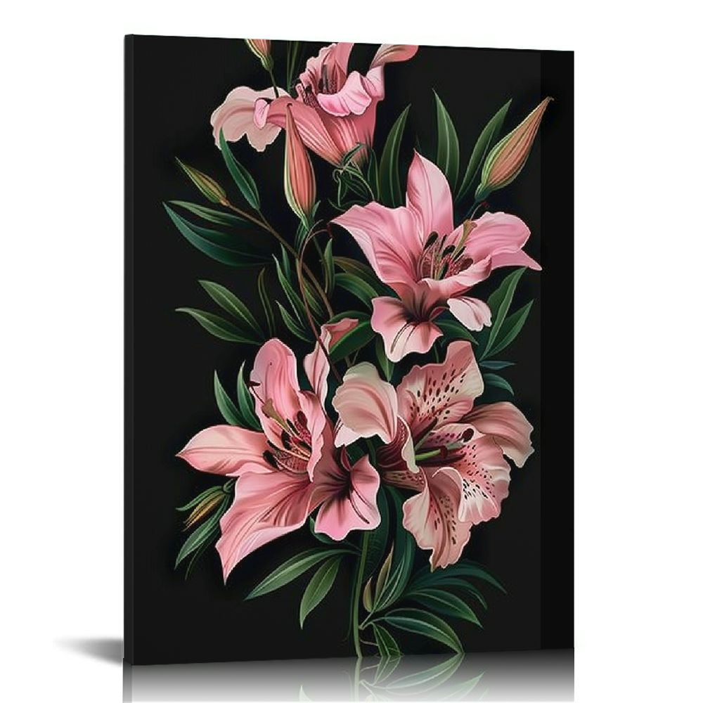 Nawypu Black Wall Art - Pink Floral Canvas Wall Art - Pink Lilies ...