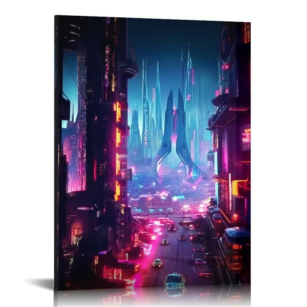 Nawypu Black and White Canvas Wall Art Futuristic Cyberpunk City ...