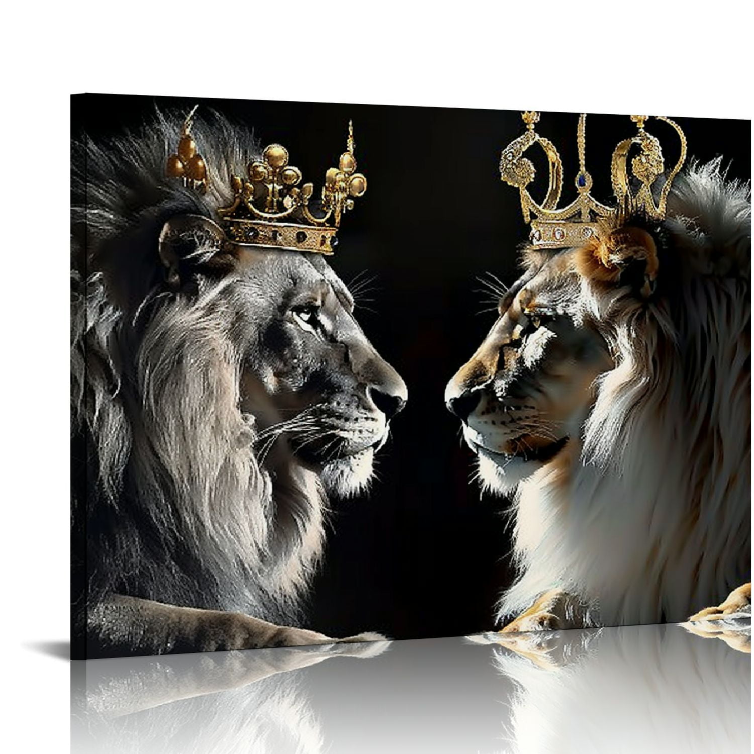 Nawypu Black and White Canvas Wall Art King and Queen Lion with Gold Crown Pictures Lion and ...