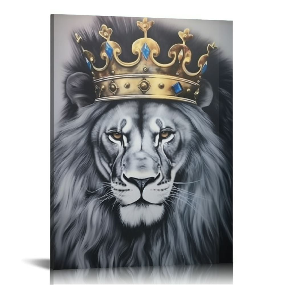 Nawypu Black and White Lion with Crown Canvas Wall Art Abstract King ...