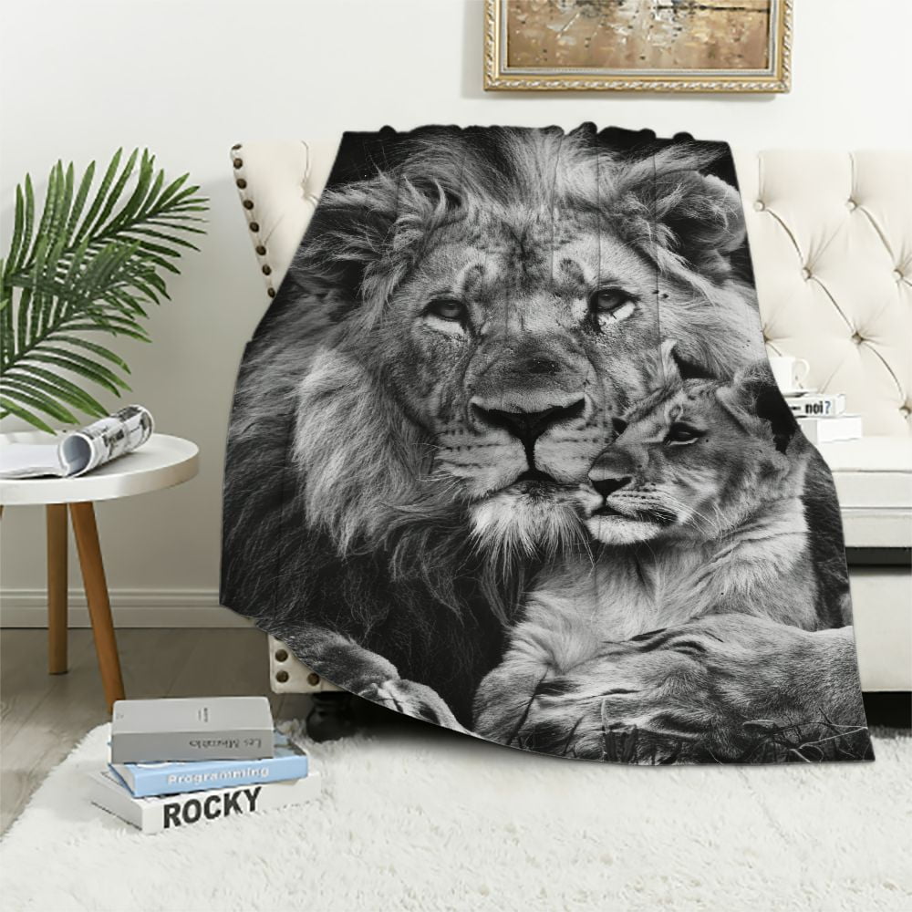 Nawypu Black and White Lion Throw Blanket Lion and Lion Cub Animal ...
